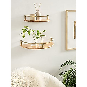Kate and Laurel Camryn Boho Half Moon Wall Shelf Set, Set of 2, Natural Wood and Gold, Decorative Bohemian Half Circle Shelf for Household Storage and Boho Decor