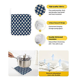 Floral Potholders Set Kitchen Heat Resistant Cotton Coasters Hot Pads Pot Holders Set of 5 for Everyday Cooking and Baking 8 x 8 Inch - Graphic Daisy Blossoms on Blue Background