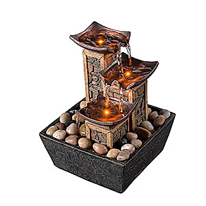 GOSSI Indoor 3-Tier Relaxation Tabletop Fountain Simulation Stone Pillar Water Fountain Soothing Sound Meditation Fountain with Natural River Rocks and Reflective Lighting Feature