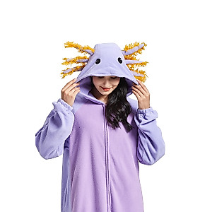 DarkCom Animal Onesie Adult Pajamas, One Piece Cosplay Black Axolotl Onesie Halloween Christmas Costume Sleepwear for Women Men Small