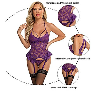 Aranmei Sexy Lace Lingerie Set with Garter Belt and Stockings, Women's Babydoll Teddy Bodysuit Purple M