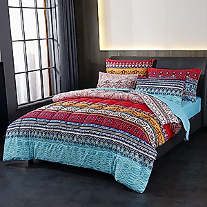 Bohemian Bed in a Bag 7 Pieces Full Size, Colorful Boho Style Red and Blue Printed, Reversible Comforter Set (1 Comforter, 1 Flat Sheet, 1 Fitted Sheet, 2 Pillow Shams, 2 Pillowcases) (Full, A)
