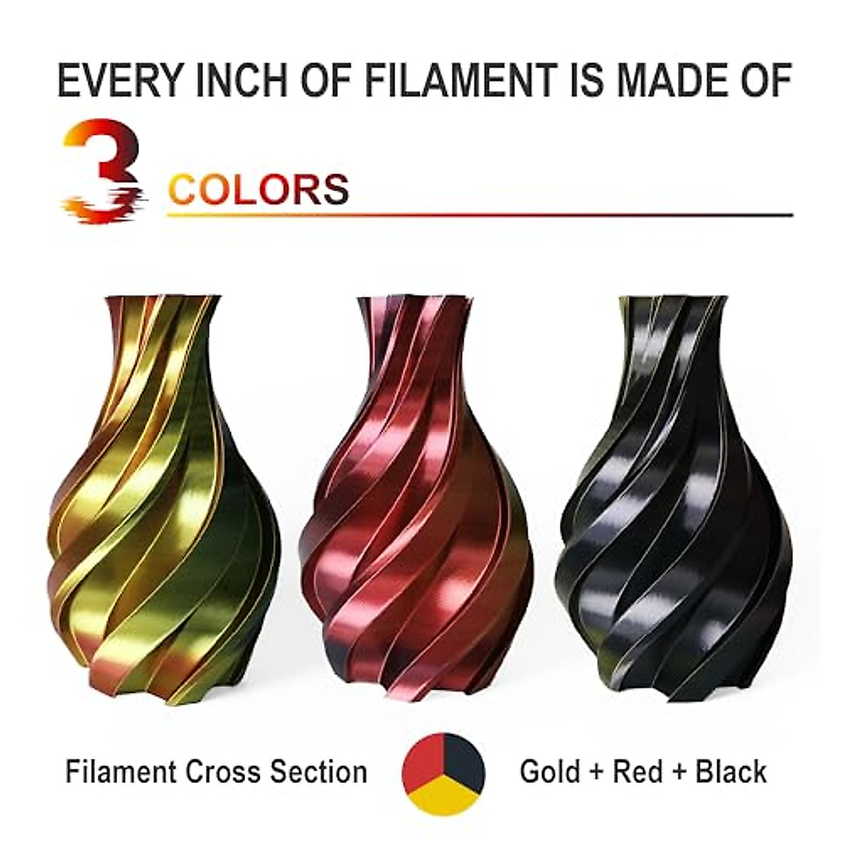 SHANHUI 3D Printer Filament,Triple Color Silk PLA Filament 1.75mm,Gradient Change Gold/Red/Black 3D Printing Filament Bundle, 1kg/2.2lbs