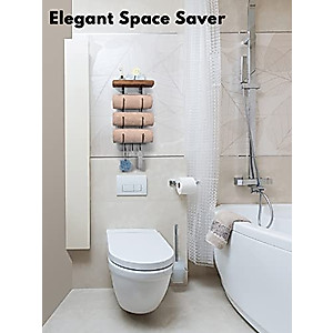 Towel Rack Wall Mounted for Bathroom, IRIIJANE Metal Bath Towel Holder Storage Hand Towels w/Wood Shelf and 3 Hooks for Small Bathroom Organizer Decor or RV Camper, Black