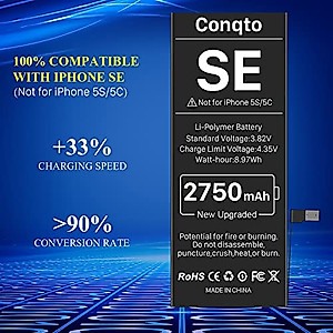 [2750mAh] Battery for iPhone SE 2016 1st Gen, Conqto New 0 Cycle High Capacity Battery Replacement for iPhone SE Models A1662, A1723, A1724 with Complete Professional Repair Tools Kit