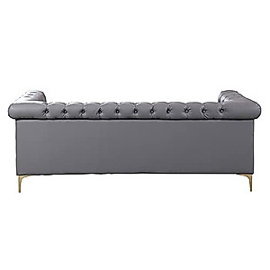Iconic Home Winston Nail Head Tone Legs PU Leather Modern Contemporary Button Tufted with Gold Nailhead Trim Goldtone Metal Y-Shaped Feet Sofa, Grey