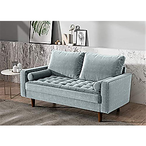 Container Furniture Direct Womble 58 Inch Velvet Loveseat Sofa with Elegant Button Tufted Upholstery, Square Arms, Splayed Wood Legs, Includes Matching Bolster Pillows, Steel Blue