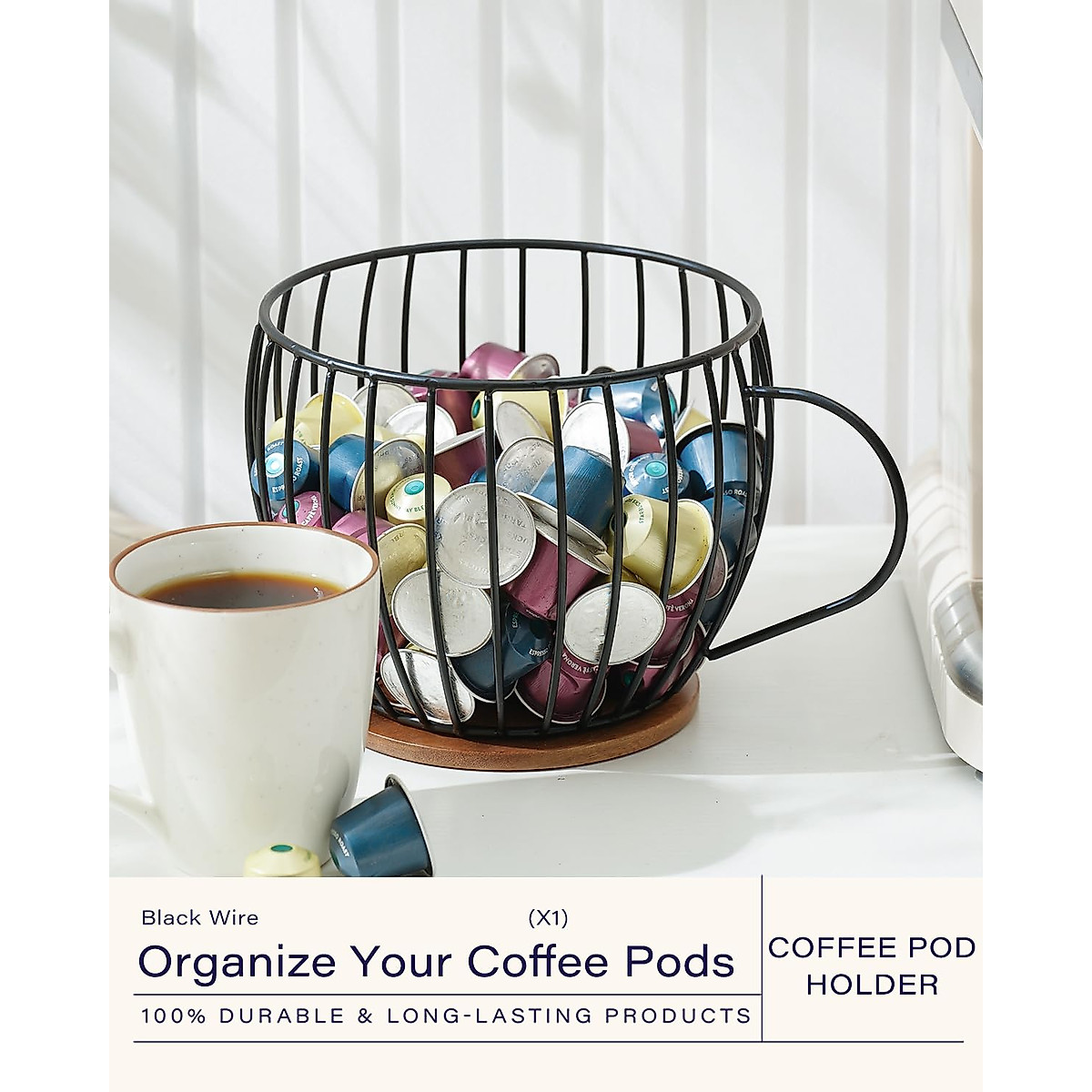 getstar Coffee Pod Holder, Large Black Wire Coffee Bar Accessories with Acacia Wood Base