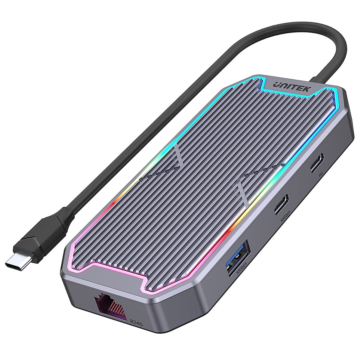Unitek D1029A - uHUB S7+ 7-in-1 USB-C Hub with 10Gbps Data, HDMI and PD 100W / HDMI 2.0, USB 3.2 Gen 2 / Active/USB-C / 2X USB-A Port / 2X USB-C Port/Mini Jack 3.5 mm/RGB LED Lights