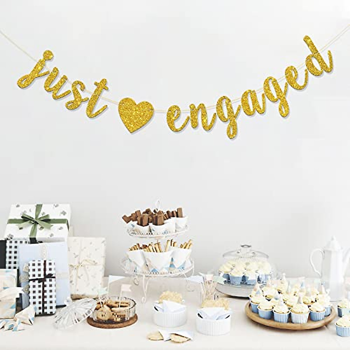 RoadSea Just Engaged Banner - Bachelorette Party Garland Supplies - Engagement - Hen Night Party Decorations - Gold Glitter