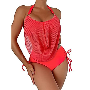 MakeMeChic Women's 2 Piece Bathing Suits Ring Linked Drape Drawstring High Waisted Tankini Swimsuit Watermelon Pink S
