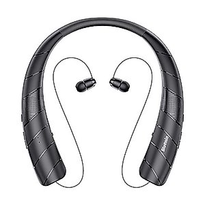 Bluenin BlueWave Pro 1 Bluetooth Headphones Speaker 2 in 1,Wireless Headphones Neckband Wearable Speaker Retractable Earbuds 3D Stereo Sound Sweatproof Headset (Black)