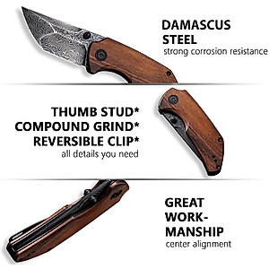 CIVIVI Thug 2 Pocket Knife for EDC, Matthew Christensen 2.69inch Damascus Blade Cuibourtia Wood Handle with Thumb Stud and Reversible Pocket Clip, Folding Knife for Utility Hiking Camping Fishing Work Outdoor C20028C-DS1