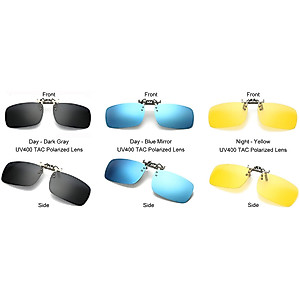 NEWON 3 PACK, Clip on Flip up Polarized Sunglasses For RX Eyeglasses, UV Protection Shades Lens Over Prescription Glasses, Black+Blue mirror+Yellow