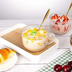 megarte Vintage Glass Coffee Mugs - 14 Oz Ribbed Mugs with Bamboo Lids and Golden Spoons Set Of 4 - Coffee Cups for Cappuccino, Latte, Cereal, Yogurt, Tea Christmas Thanksgiving Gifts