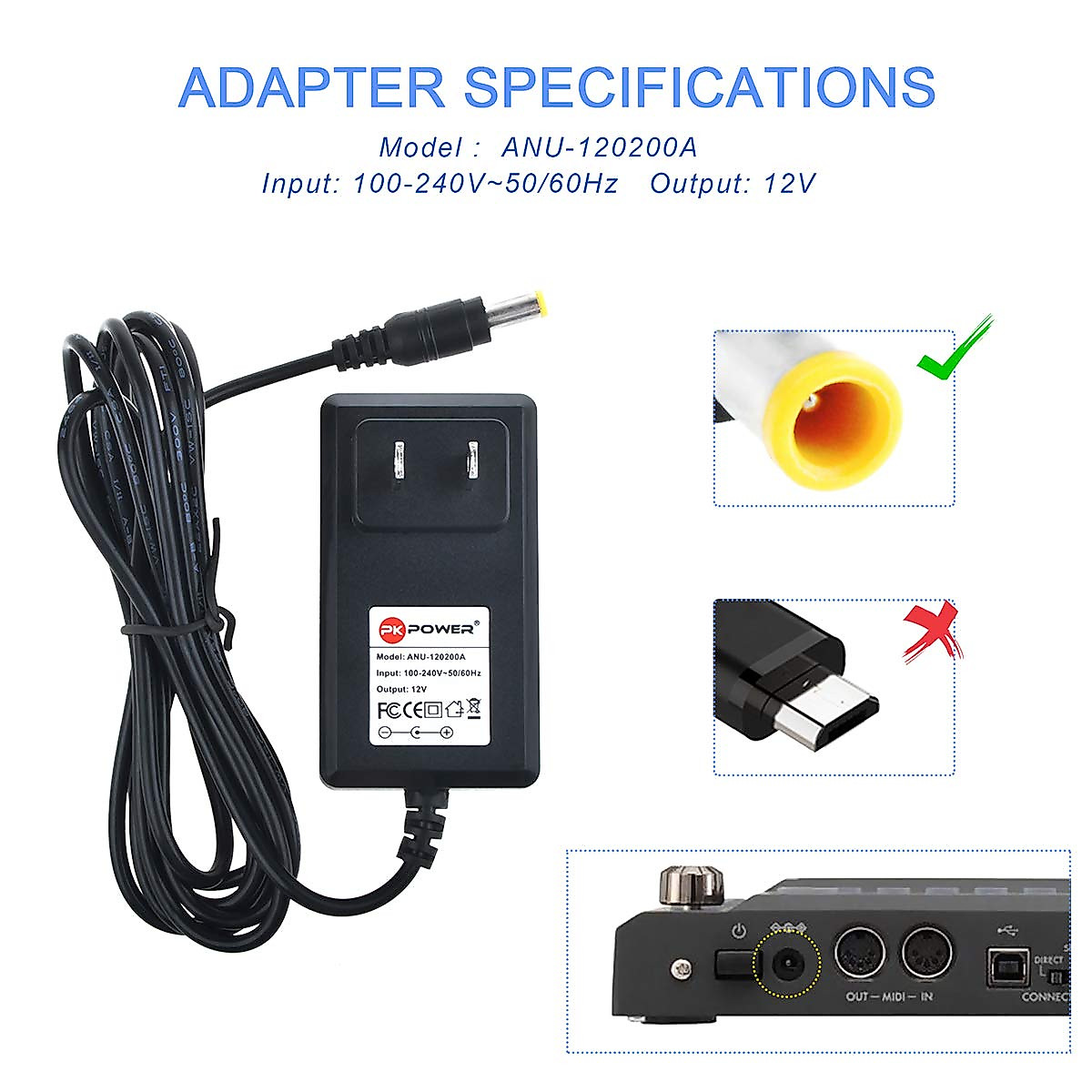 PKPOWER 12V AC Adapter Compatible with Korg PAD KAOSS KP2 KP3 R3 KA203 Dynamic Effects, Power Supply for Digital Piano KORG X50 KA-310 Micro-X 61-Key 88-Key SP170S SP-170S Micro X R3 MR-1000