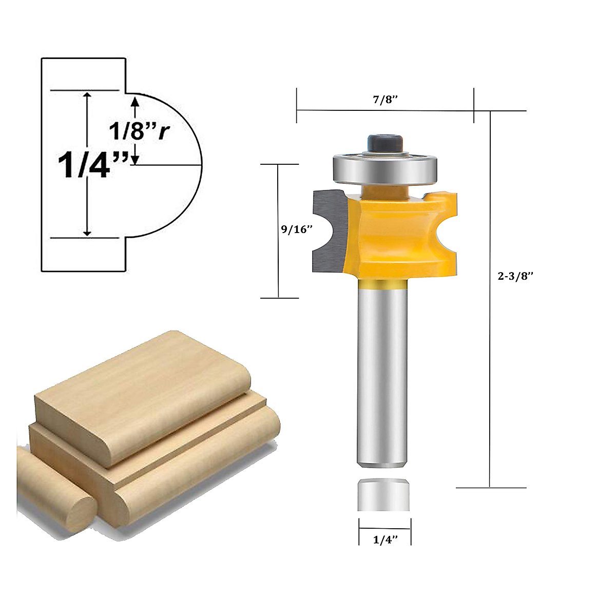 OLETBE Router Bits 1/4 Inch Shank Bullnose Bit 5PCS，Half Round Bearing Cabinet Shelf Door Edge Cutting Bits， Radius 1/8" 3/16" 1/4" 5/16" 3/8", Woodworking Milling Cutter CNC Tool(Panel)
