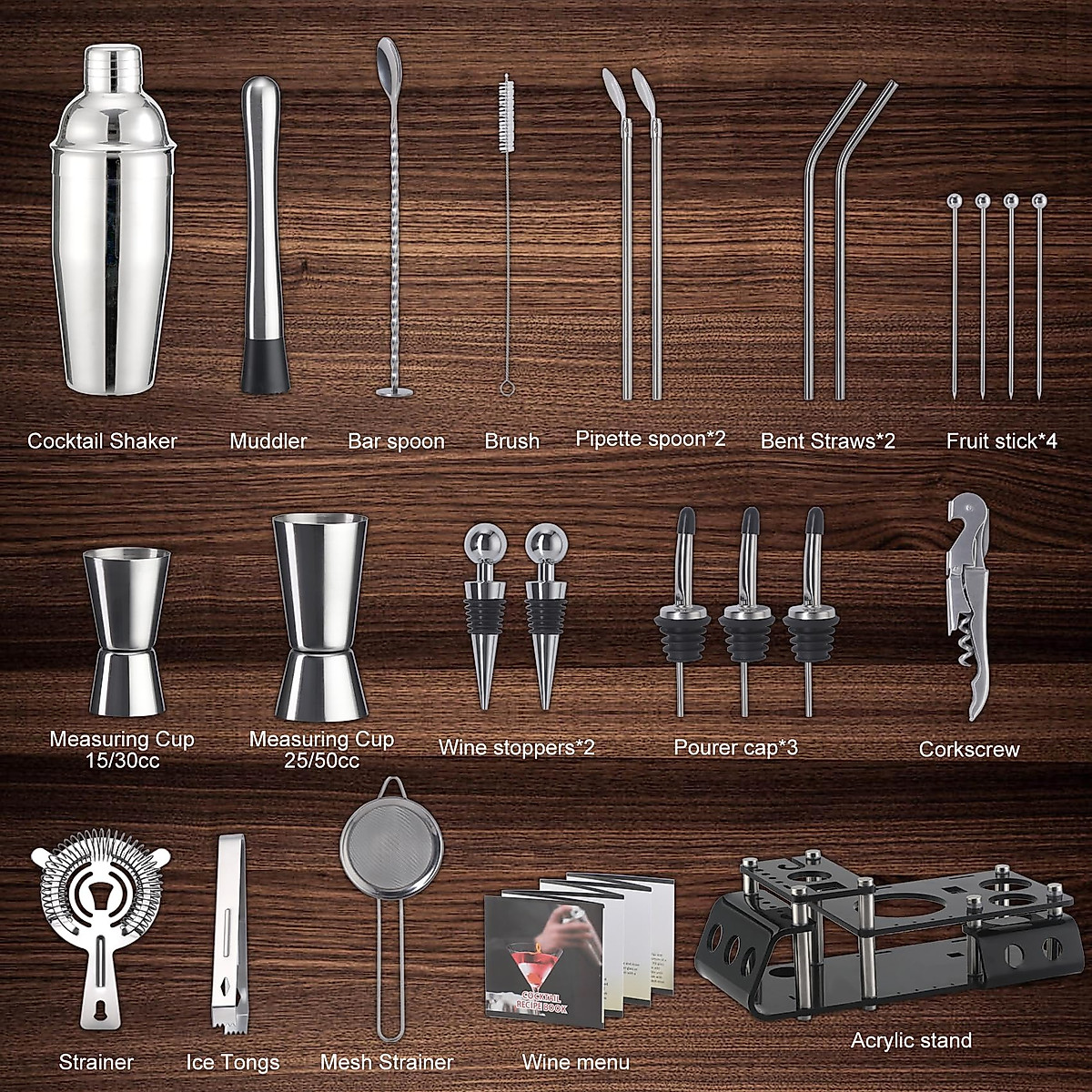 CKductpro 41-Piece Boston Bartender Kit,Cocktail Shaker Stainless Steel Bar Set,360 ° Rotating Display Stand,Strainer,Jigger,Mixing Spoon,Stainless Steel Gift Sets