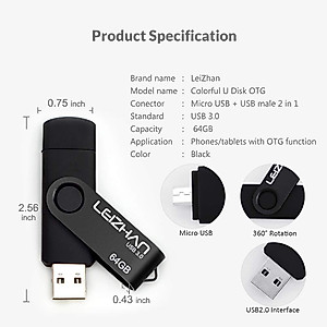 USB 3.0 128GB Micro Flash Drive OTG Photo Stick for Samsung Galaxy S7,S7Edge,S6,S6 Edge, S5,S4,S3,J7,J3,Note5,Note4 USB Drive,Black
