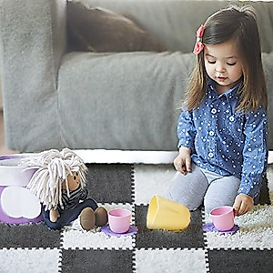 12PCS Plush Puzzle Foam Floor Mat for Kids- Thick Interlocking Fluffy Tiles with Border Square Rug Split Joint Soft Climbing Carpet Mats Shaggy Area Rug for Room Floor(11.8 Inch, White & Grey)