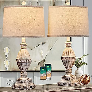Farmhouse Table Lamp for Living Room with USB Charging Ports, Touch Bedside Lamps for Bedrooms Set of 2, 3-Way Dimmable Vintage Traditional Tall Table Lamp, Large Size, White Finish,LED Bulbs Included