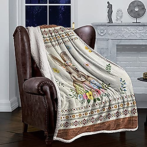 Fantasy Staring Easter Bunny Sherpa Fleece Throw Blanket - Farmhouse Easter Eggs Rabbit Spring Flower Fluffy Super Soft Microfiber Blanket Fuzzy Blanket for Couch Bed Sofa 50 x 80 Inches