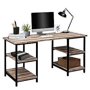 GOOD & GRACIOUS Computer Desk, Home Office Desk with 4 Storage Shelves on Left & Right Modern Simple Style 59" Long Large Study Table, Rustic Wood Desk
