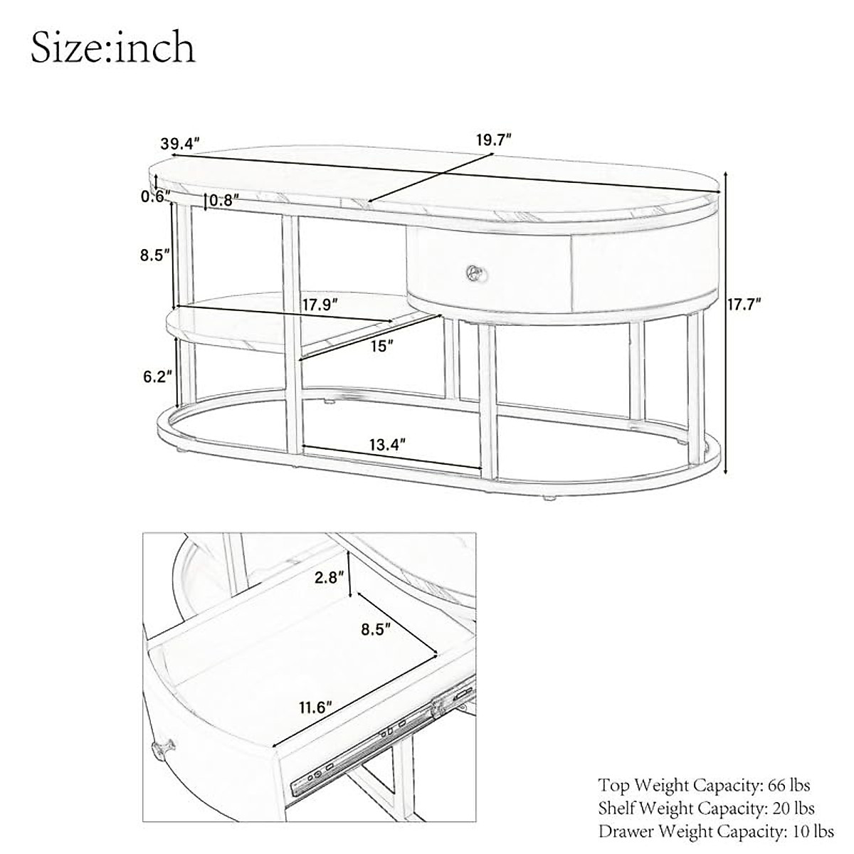 Qiyom Modern Faux Marble Coffee Table, Oval Coffee Table with Storage Shelf and Metal Frame, White Coffee Table Cocktail Table for Living Room, Home Office