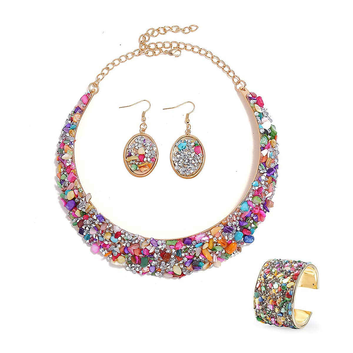 Rhinestone Collar Gold Alloy Metal Necklace For Women Stone Bangle Earring Jewelry Accessories 3pcs Sets (3pcs colorful sets)