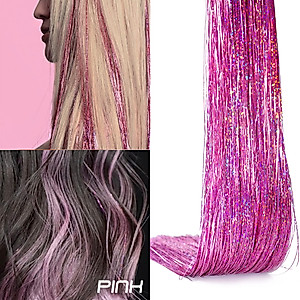 SEPTBEAM Hair Tinsel Clip in Extensions Pink Sparkle & Highlights for Hair 20.5 Inch 6pcs Each Pack Multi-Colors Synthetic Hair Extensions for Party, Christmas, New Year, Halloween, Cosplay(Pink)