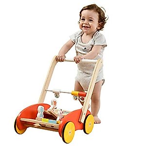 labebe-Baby Push and Pull Toy, Infant Multi-Activity Learning Walker, Sit to Stand Wooden Walker for Children 1 Year Old and Up, Toddler Red Push Walking Cart with Wheels for Boys & Girls