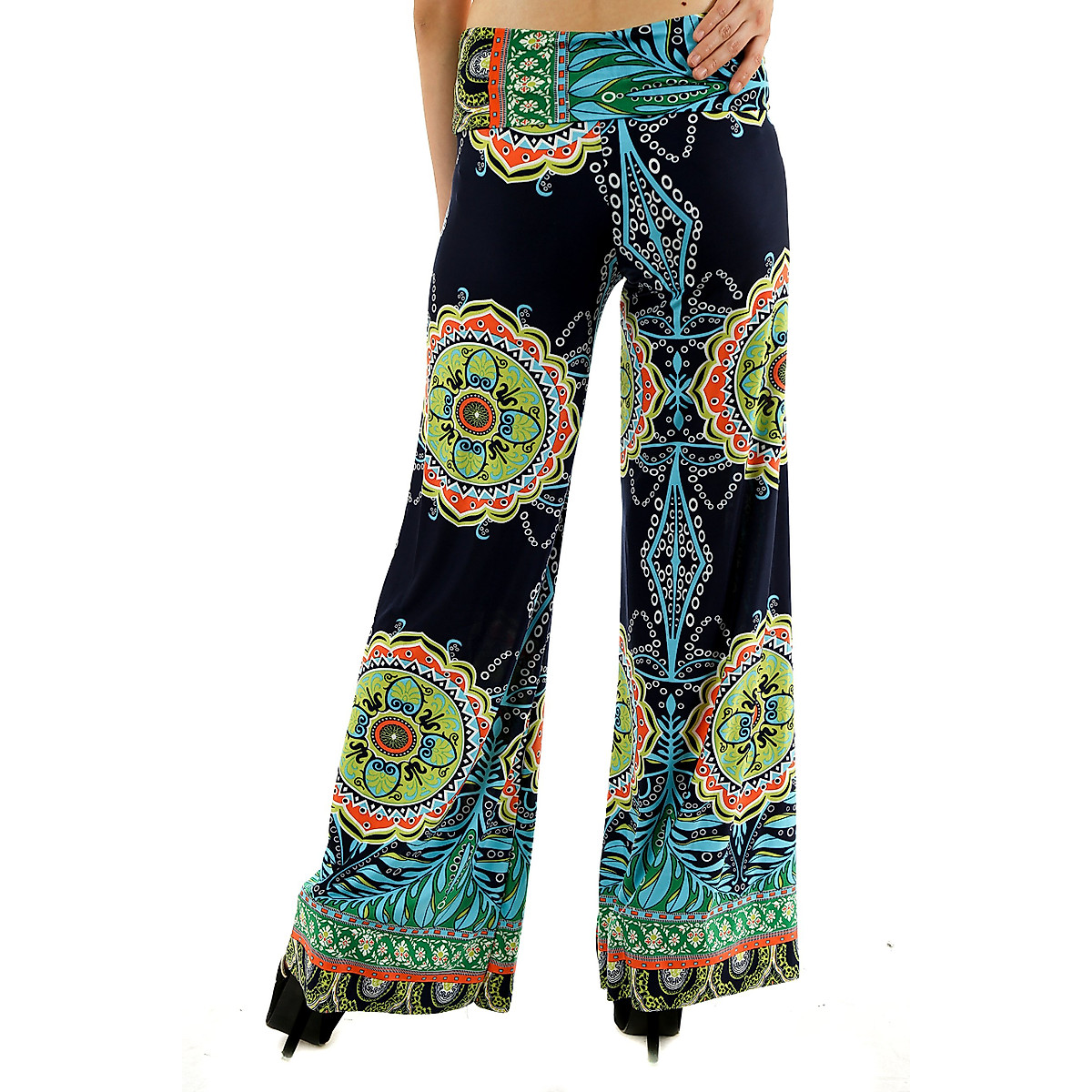 Uptown Apparel Womens Fold Over Waist Wide Leg Palazzo Pants, Good for Tall Curvy Women-Ships from U.S.A. (Small, Navy Tribal)