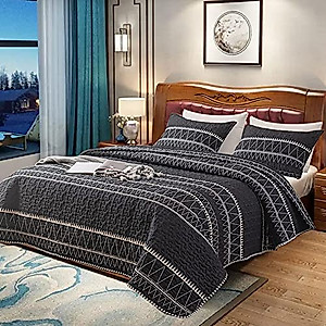 Homuno Black Quilt Set Queen Size 3-Piece Set (90 x 96 Inches), Bohemian Style All-Season Lightweight Reversible Microfiber Bedspread Set (1 Piece Quilt Set, 2 Pieces Pillowcase)