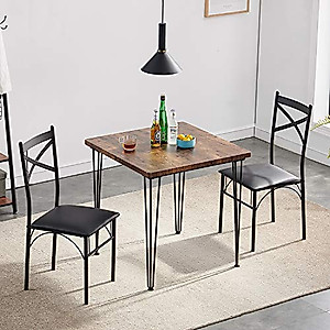 VECELO Modern Industrial Style 3-Piece Room Kitchen Pu Cushion Chair Sets for Small Space, Dining Table for 2, Retro Brown and Black