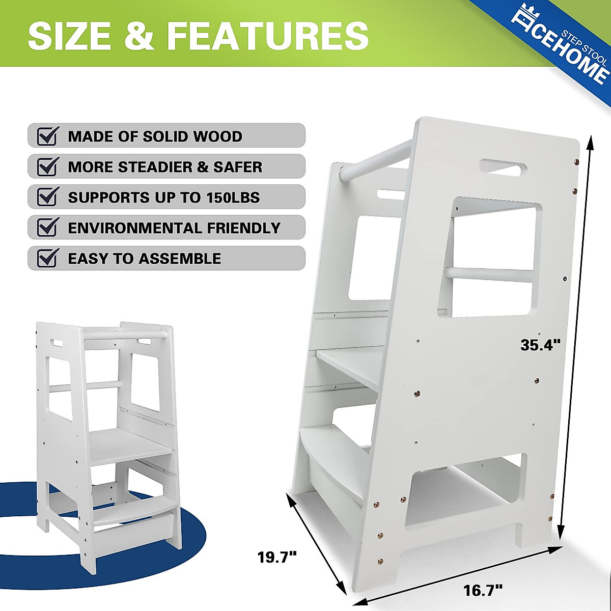 ACEHOME Toddler Kitchen Stool, Toddler Tower with Safety Rail, Toddler Stool for Kitchen Counter, Adjustable Height Little Helper Tower, Kitchen Stool for Toddlers 18 Months and Older, White