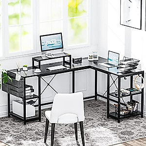 Lulive L Shaped Desk, 95" Reversible Corner Computer Desk with Shelves, Monitor Stand, Storage Bag, Hooks, 2 Person Long Desk for Home Office Writing Study Workstation (Black)