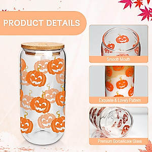 ANOTION Fall Glass Cups with Lids and Straws - Autumn Thanksgiving Halloween Gifts for Women - 2 Pack 18oz Fall Smile Pumpkins Mug, Pumpkin Glass Jar Drinking Glasses Iced Coffee Cup, Halloween Decor