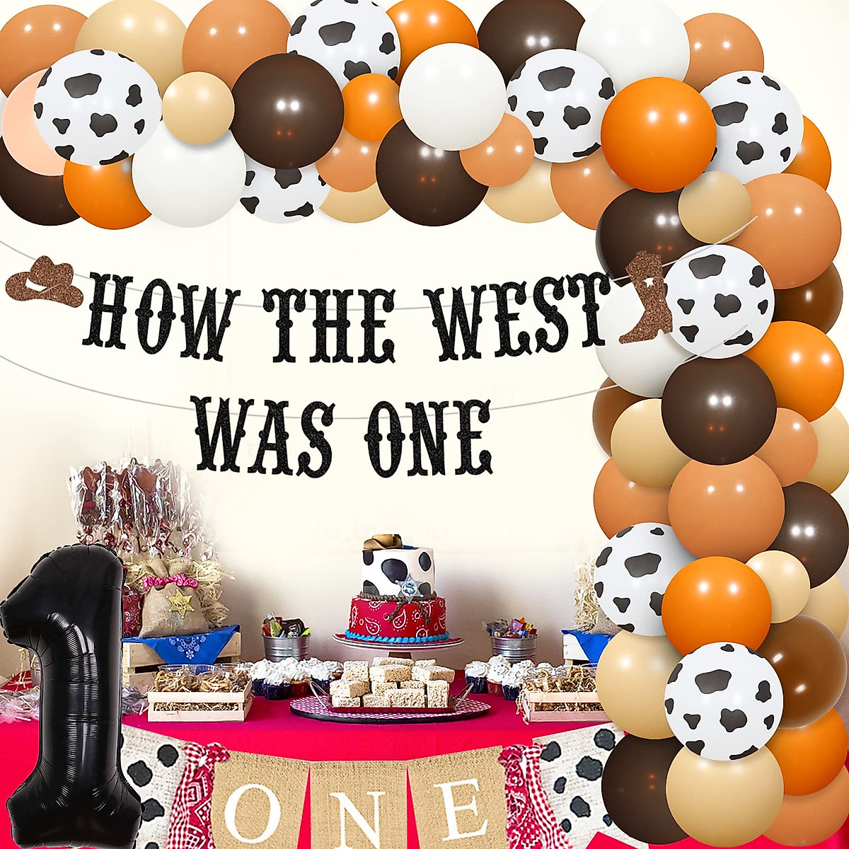 How The West Was One Birthday Decorations, Cowboy First Birthday Decorations, Balloon Arch, Black Number 1 Balloon, How The West Was One Birthday Banner, One High Chair Banner, Cake Topper
