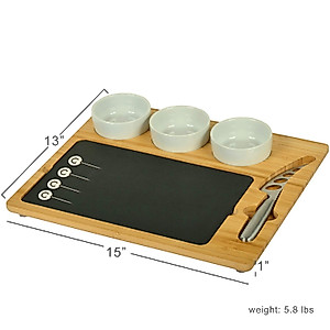 Picnic at Ascot Bamboo & Slate Cheese/Charcuterie Board - Includes 3 Ceramic Bowls, Cheese Knife & Cheese Markers- Patent Pending - Designed & Quality Checked in The USA