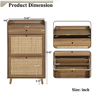 Goujxcy Natural Rattan Shoe Cabinet with 2 Flip Drawers, Farmhouse Shoe Storage Cabient for Heels, Boots, Slippers, Slim Wood Freestanding Shoe Rack Organizer for Entryway, Hallway, Bedroom,Walnut