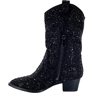 Forever Girls/Kids Rhinestone Western Cowgirl Cowboy Pointed Toe Low Heel Boots River-11K Black 2