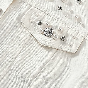 LifeShe Women's Pearls Denim Jacket Cropped Rhinestones Jean Jacket Coat