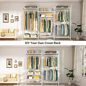 Ulif E8 Heavy-Duty Garment Rack, Freestanding Extra Large Clothes Rack with 7 Wire Shelves and 4 Hanger Rods, Closet Organizers and Storage, 86.6" W x 14.5" D x 71.2" H, Max Load 880 LBS, White