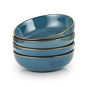 Selamica Ceramic 30 Ounce Large Pasta Bowls 8 inch Serving Bowls, Wide and Shallow Porcelain Bowls, Microwave Dishwasher Safe, Set of 4, Ceylon Blue(Glod rim)