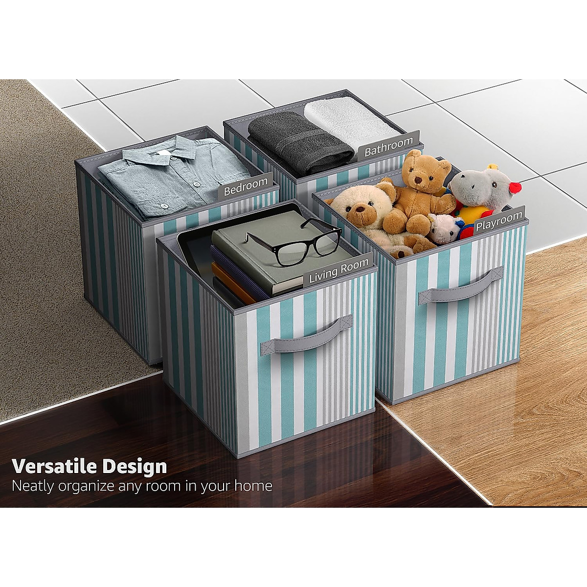 Sorbus 11 Inch Cube Storage Bin - 6 Foldable Storage Cubes for Shelf, Toy Box, Cubby and Closet Organizer - Pattern Aqua Collapsible Cloth Cube Storage Bins for Home Organization, Nursery, Bedroom