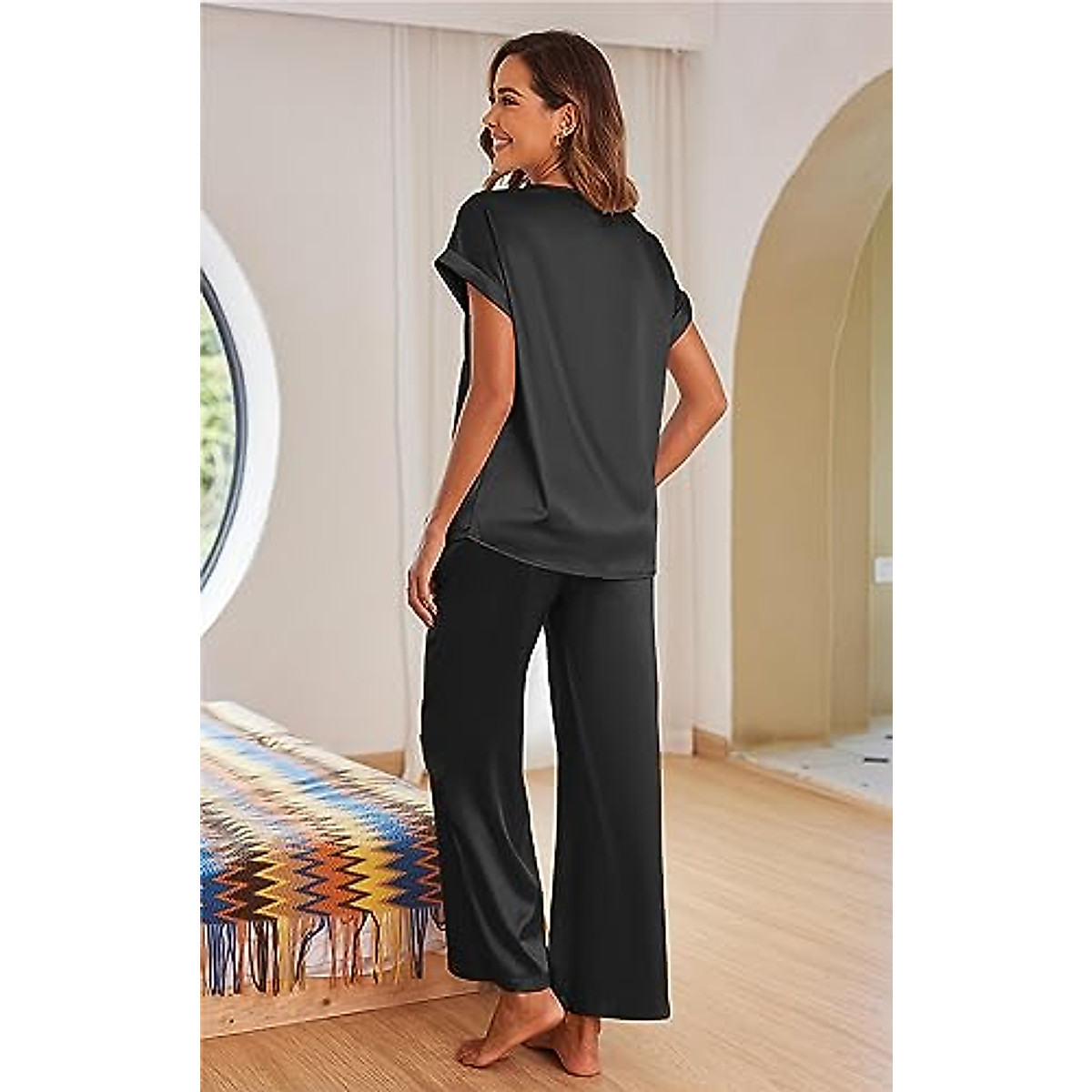 Ekouaer Womens Satin Pajama Set Guipure V Neck Tops and Long Pants Louge Set Short Sleeve Silk Sleepwear with Pockets Black