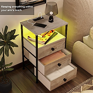 Tohomeor Nightstand with Charging Station USB Outlet and LED Light End Table Dresser with 3 Fabric Drawers and Storage Shelf for Bedroom Living Room Sofa Beside (1, Greige)