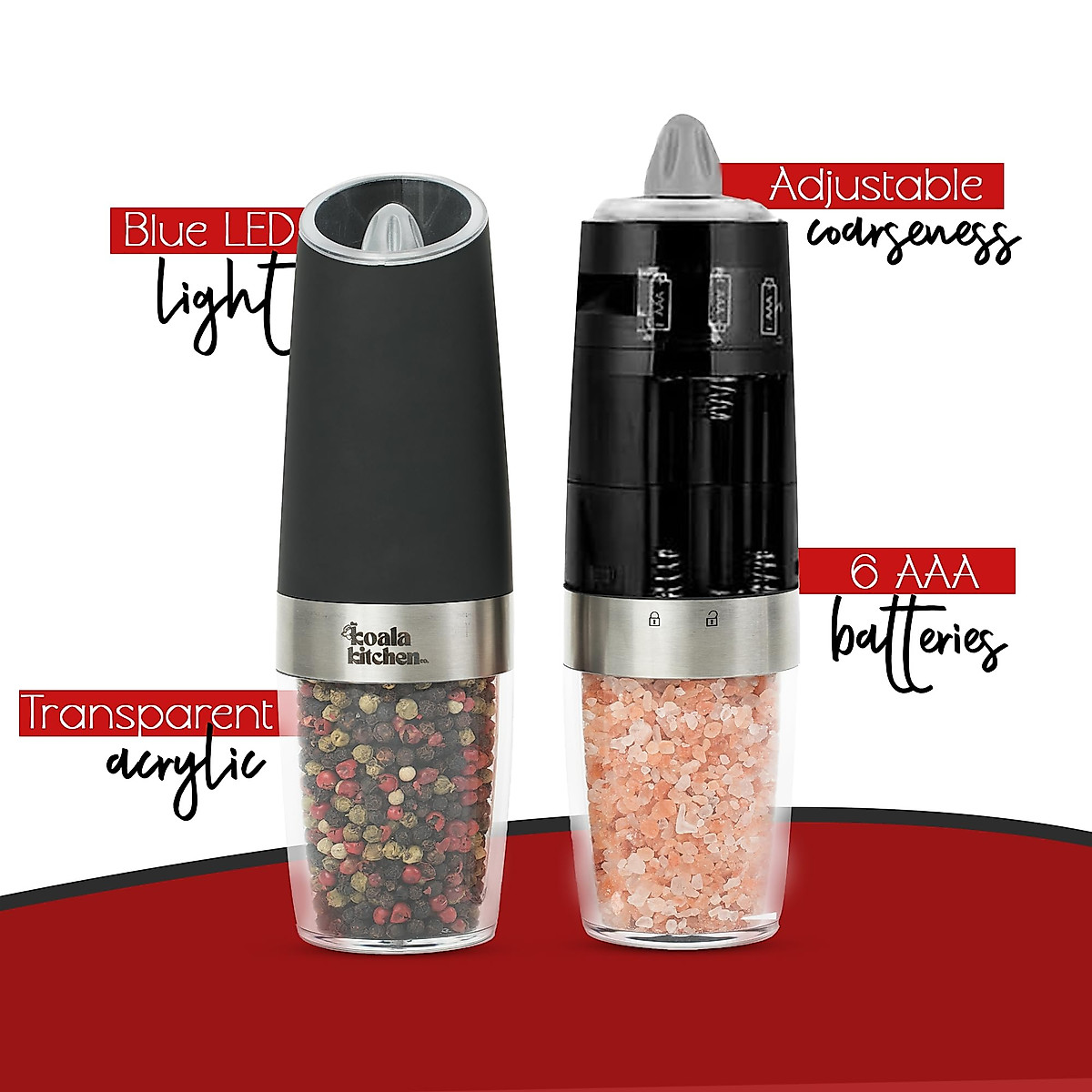 The Koala Kitchen Co. Gravity Electric Salt and Pepper Grinder Set - Stainless Steel Salt and Pepper Shakers Adjustable Coarseness - Blue Light Battery Operated Salt and Pepper Mills, 2 Pack (Black)