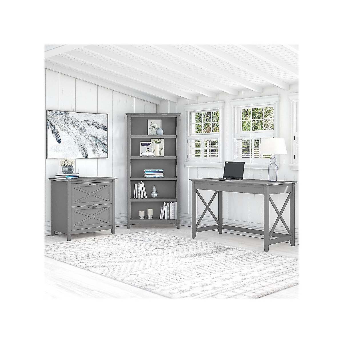 Bush Furniture Key West 48W Writing Desk with 2 Drawer Lateral File Cabinet and 5 Shelf Bookcase in Cape Cod Gray