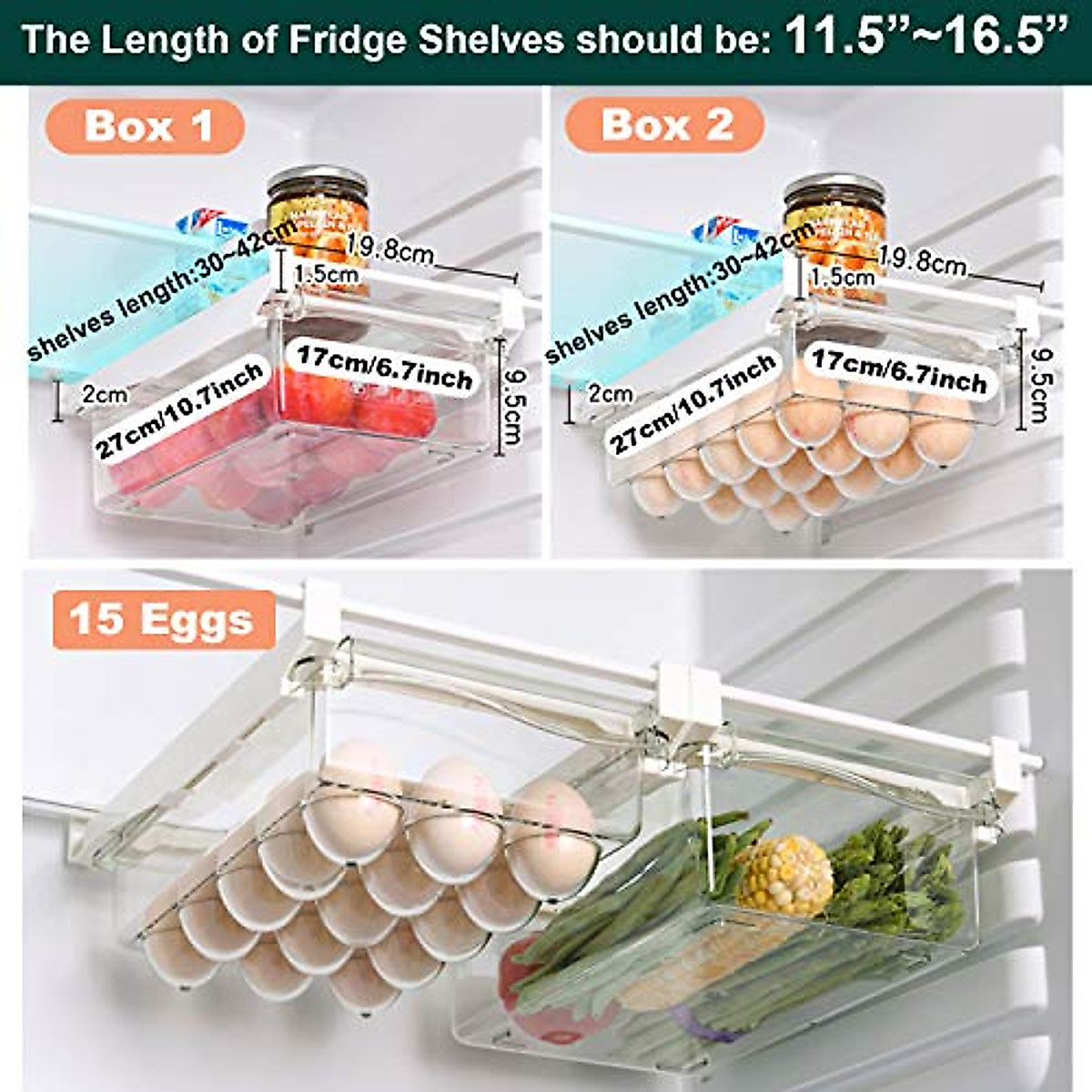 LALASTAR Fridge Drawer Organizer & Egg Holder For Refrigerator, Set of 2, Pull Out Refrigerator Storage Drawers for Fruits, Vegetable And Egg, Storage Containers Fit for Fridge Shelf Under 0.6"